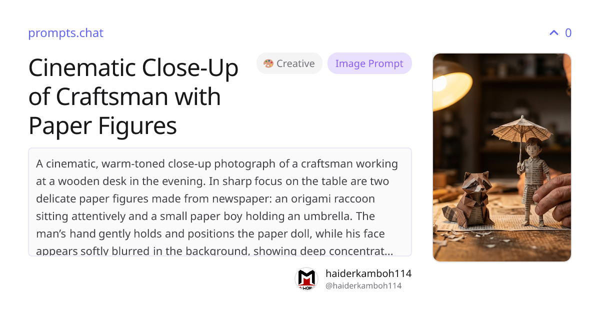Cinematic Close-Up of Craftsman with Paper Figures | prompts.chat