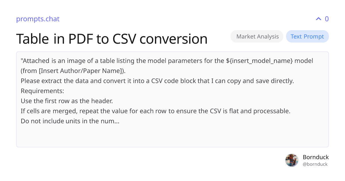 Table in PDF to CSV conversion | prompts.chat